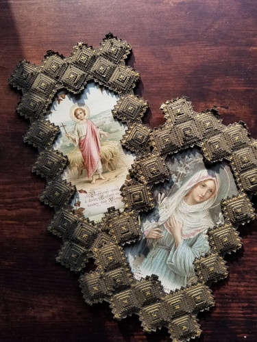 Antique pair of paper frames with religious cards Mary and Infant Jesus ...