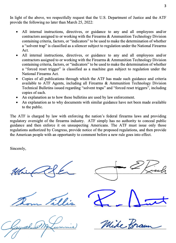 20 SENATORS SIGN LETTER CALLING OUT ATF FOR USE OF SECRET RULES