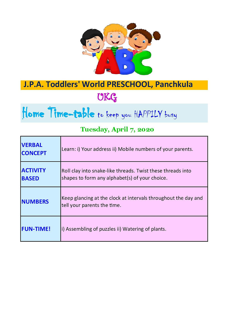 Lkg Ukg Time Table