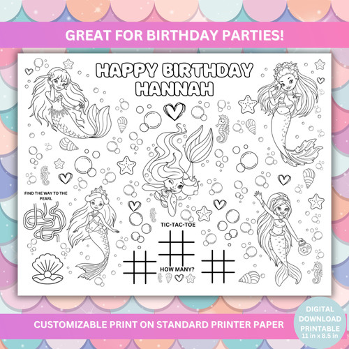 Custom Mermaid Themed Coloring Activity Placemat, Custom Mermaid ...