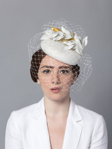 Tatiana - white and gold pillbox hat with veil | Elena Shvab Millinery