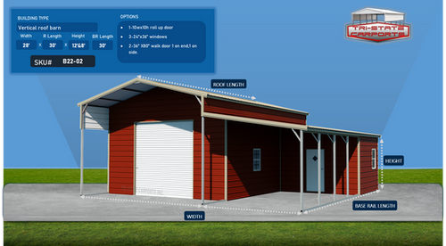 28WX30LX12&8 VROOF BARN SKU 003 | Tri State Carports