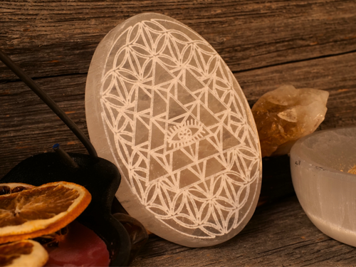 Oval Selenite Crystal with Spiritual Symbols | Zsa-Zsa's Bozeman
