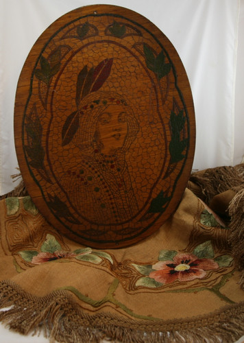 Flemish Art Co. NY Pyrography Plaque of a Native American Indian Maiden ...