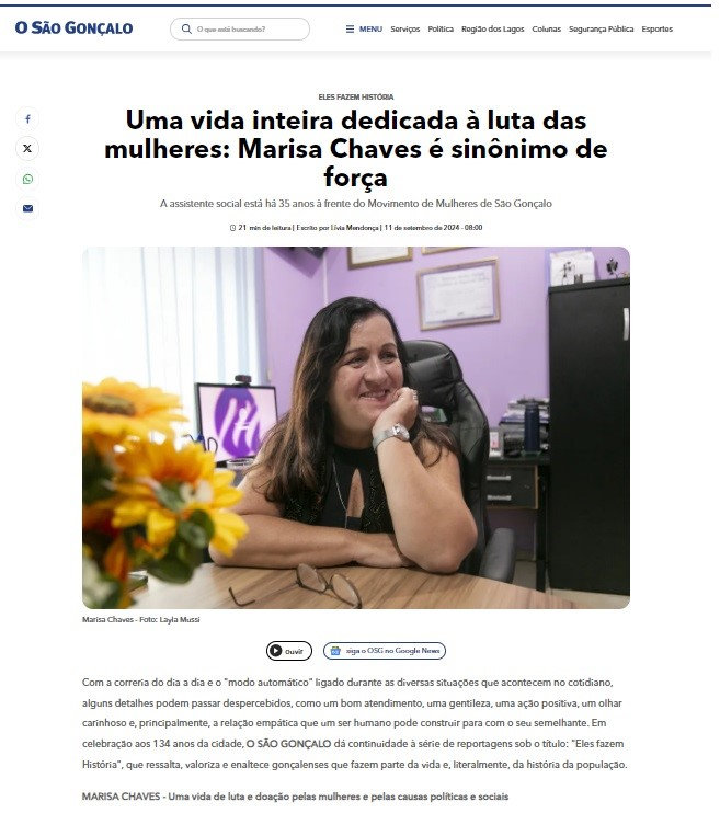 Jornal destaca história de luta e dedicação da fundadora do MMSG pelos ...