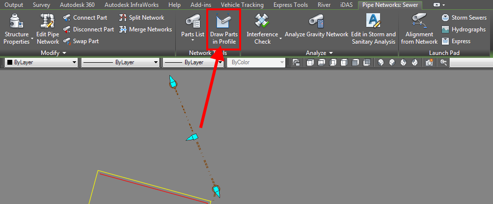 Display crossing pipes in profile view