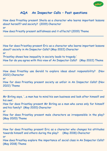 Free AQA Inspector Calls past questions | Chrysalis Education