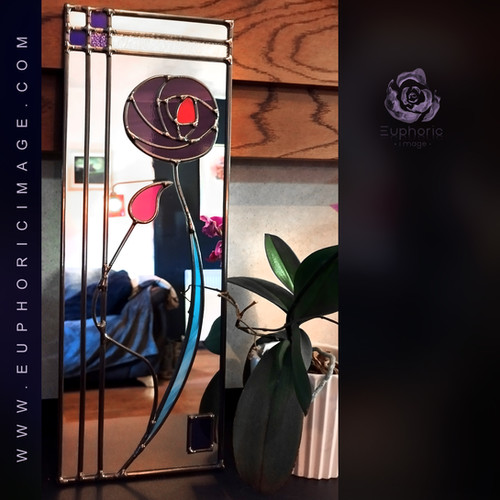 Pink Mackintosh Inspired lead overlay stained glass mirror 16 x 46 cm ...