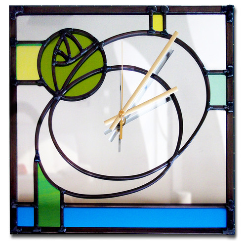 Green and Blue Mackintosh inspired stained glass mirror clock 35 x 35 ...