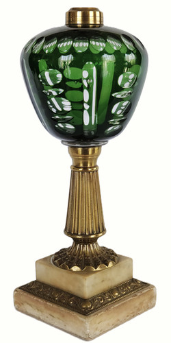 Oil LAMP, Overlay Deep Green to Clear Cut Punty, Brass, Double Marble ...