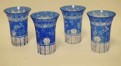SET OF 4 COBALT CUT TO CLEAR GLASSES WITH FLARED RIMS. 5 1/8 INCHES ...