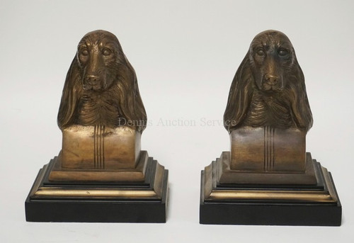 PAIR OF BRASS DOG HEAD BOOKENDS RETAILED AT KALKIN & CO. 8 1/4 INCHES ...