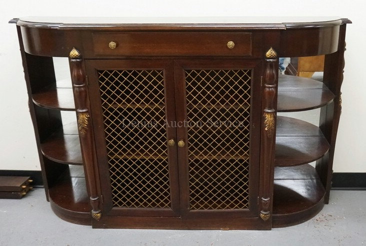 MAHOGANY CREDENZA WITH WIRE MESH DOORS AND TURNED HALF COLUMNS. HAS ...