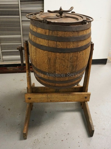 ANTIQUE BARREL FORM BUTTER CHURN WITH STAND. | dennisauction