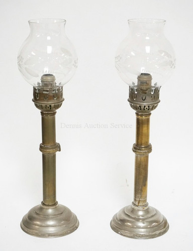 PAIR OF STICK FORM SPRING LOADED CANDLE LAMPS WITH ETCHED GLASS BALL ...
