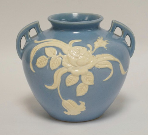 WELLER ART POTTERY VASE WITH CAMEO DECORATION OF ROSES. 7 1/2 INCHES ...