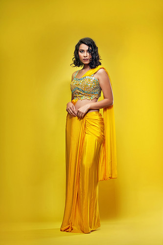 Yellow Pre-Draped Saree with Mirror Work – Rangeela by SHRUTI S | SHRUTI S