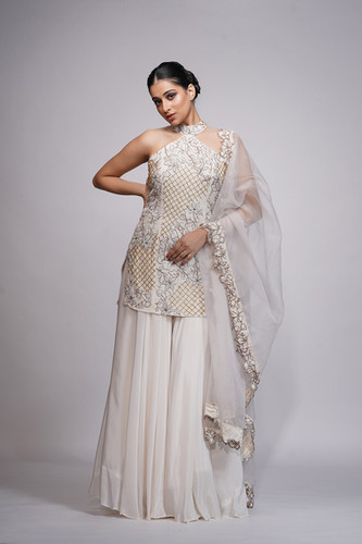 Off-White Sharara Suit in Silk with Halter Neck and Hand Embroidery ...