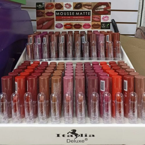 Caja con 144 labiales mousse italia (incluye testers) | Cosmeticos Mayoreo