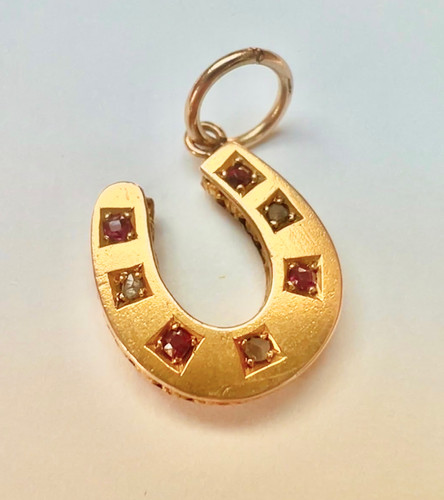 Victorian 15ct gold rose cut diamond ruby horseshoe pendant | Old ...