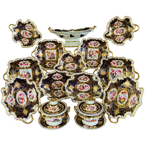 Samuel Alcock dessert service, melted snow, cobalt blue, gilt, flowers ...