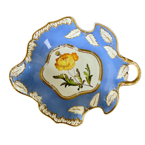 Samuel Alcock leaf dish, periwinkle blue with yellow flower, ca 1822 ...
