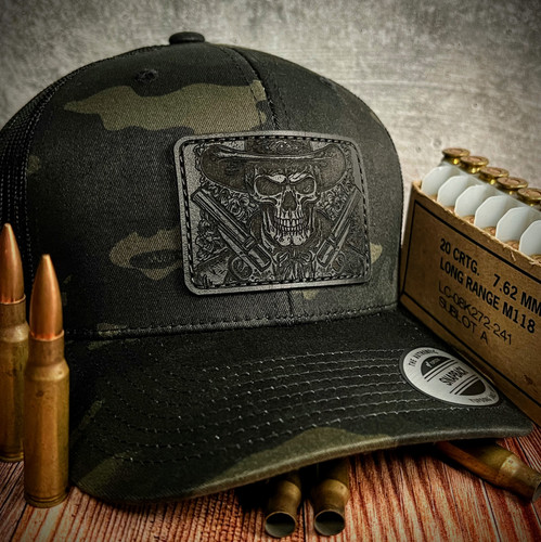 Black Leather Bart Six Guns - Black Multicam Curved Trucker | hotbrassclothingco