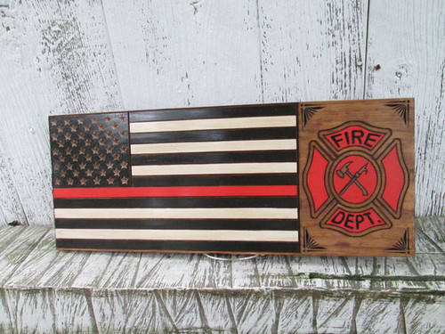 Red Line Fire Fighter Flag Sign with Shield, Custom Carved Wood Sign