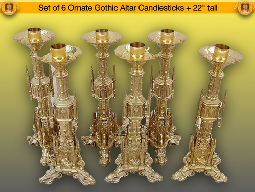 Set of 6 Ornate Gothic Altar Candlesticks 22" tall | Mitchell's Plating