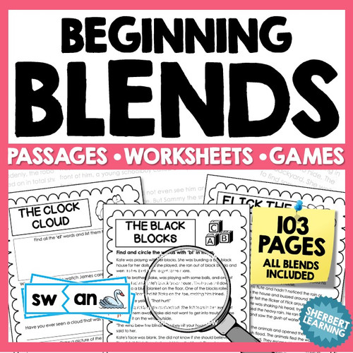Beginning Blends Passages + Worksheets + Games bl cl fl gl pl sl br cr ...