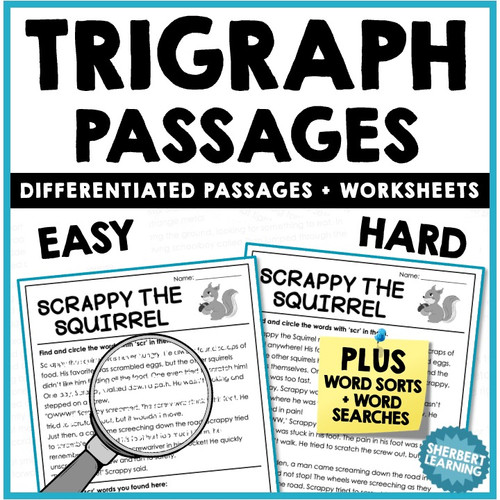Trigraph Passages - Worksheets + Word Sorts + scr spl str shr spr squ ...