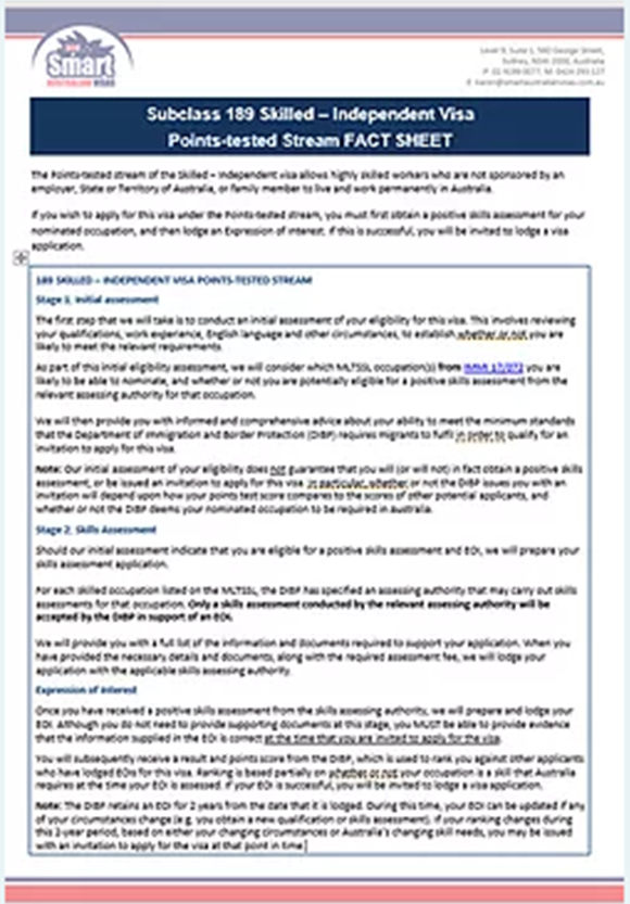 Skilled Independent subclass 189 visa under the Point-Tested stream