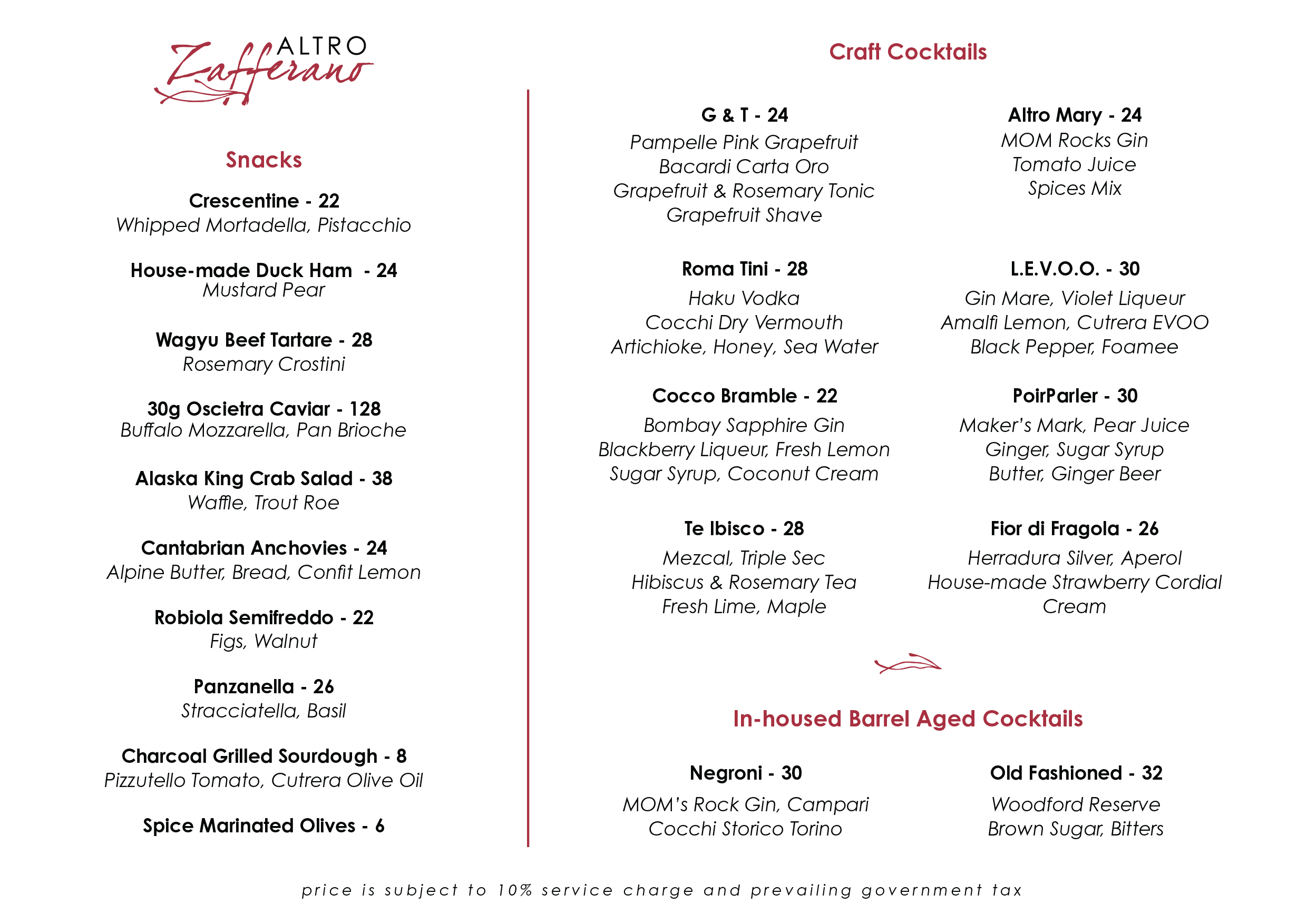 Altro Zafferano | Menus