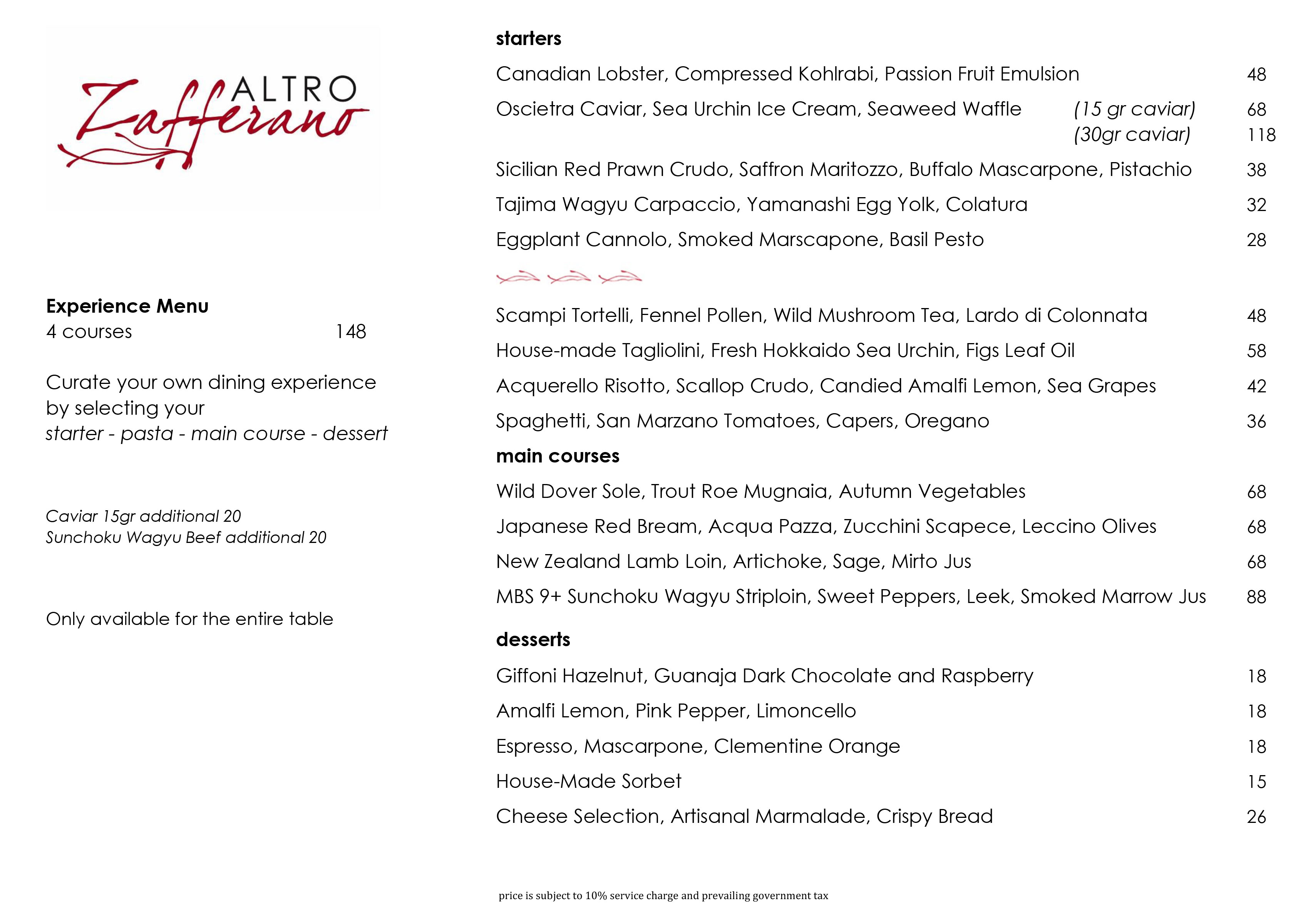 Altro Zafferano | Menus