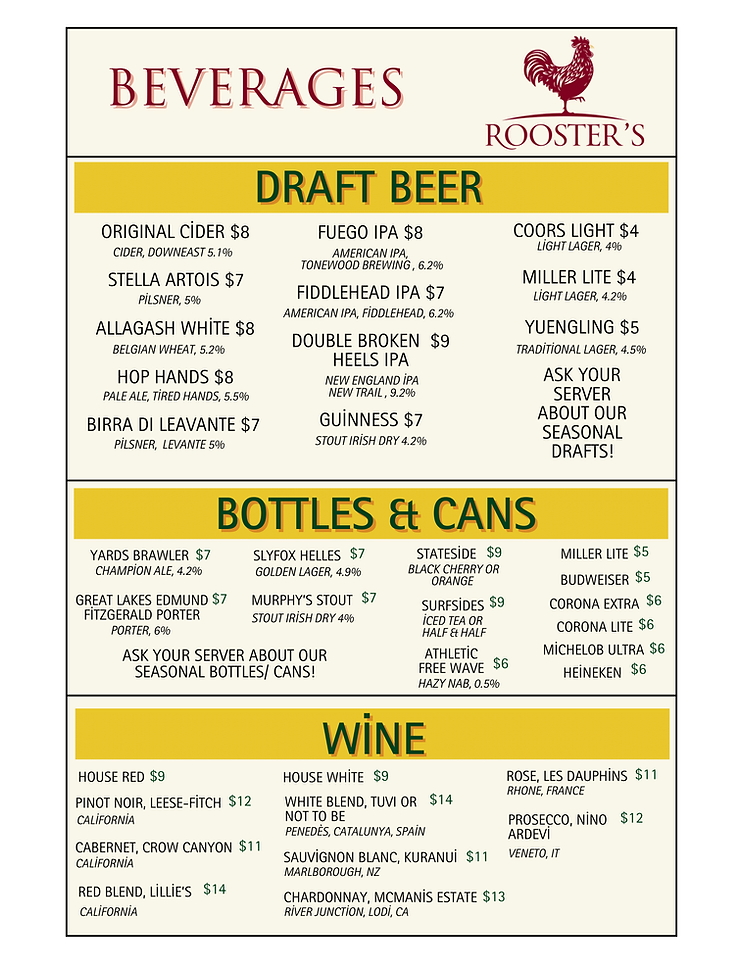 DRINK MENU | Rooster's Glenside