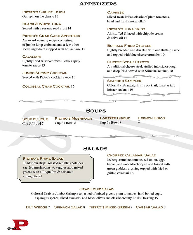 Dinner Menu | United States | Pietro's Prime