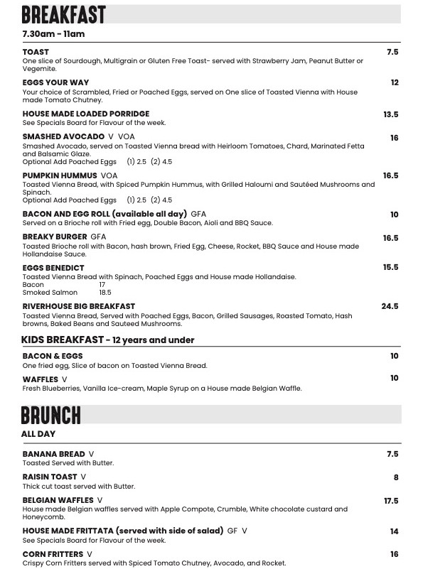Menu | Riverhouse Cafe | Raymond Terrace