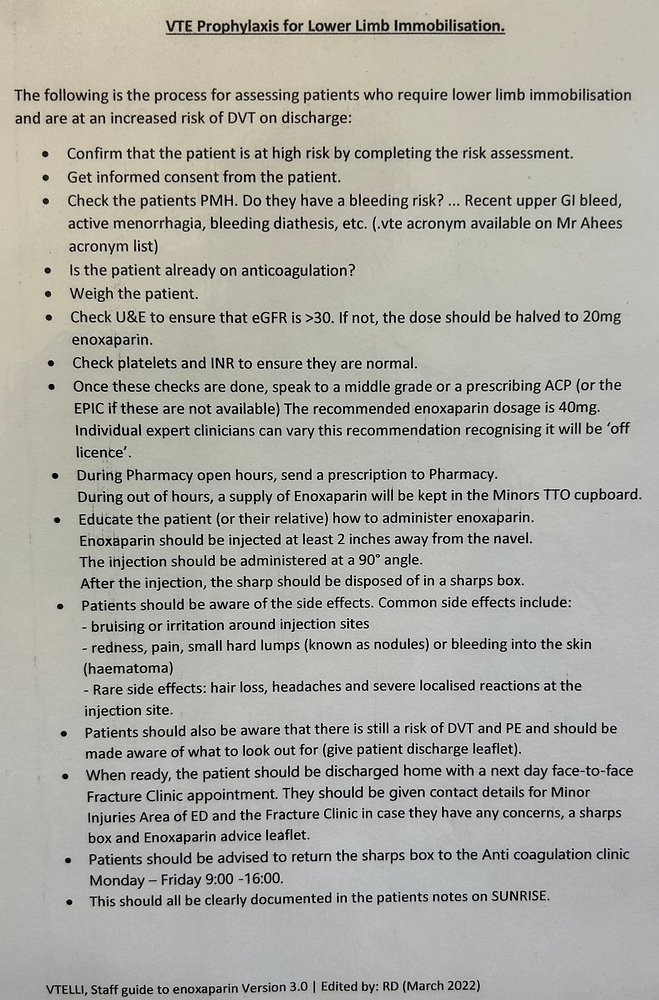 VTE PROPHYLAXIS FOR LOWER LIMB IMMOBILISATION
