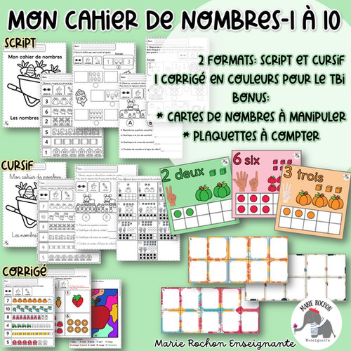 Cahier de Nombres 1 à 10 Maternelle et 1re année | Marie Rochon Enseignante