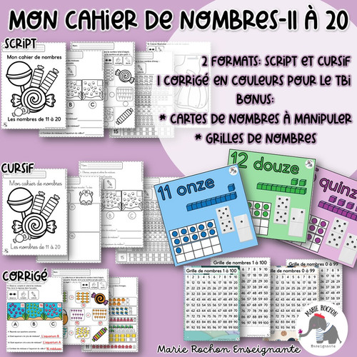 Cahier de nombres 11 à 20 Maternelle et 1re année | Marie Rochon ...