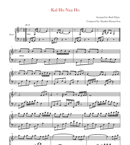 Kal Ho Naa Ho Piano Sheet Music | Basil M Jose