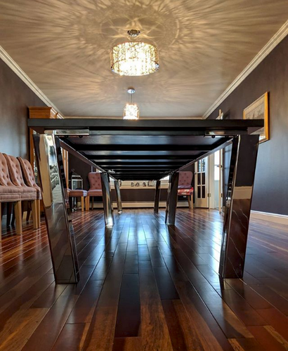 Floating Dining Table with Polished Nickel Legs | Where Wood Meets Steel