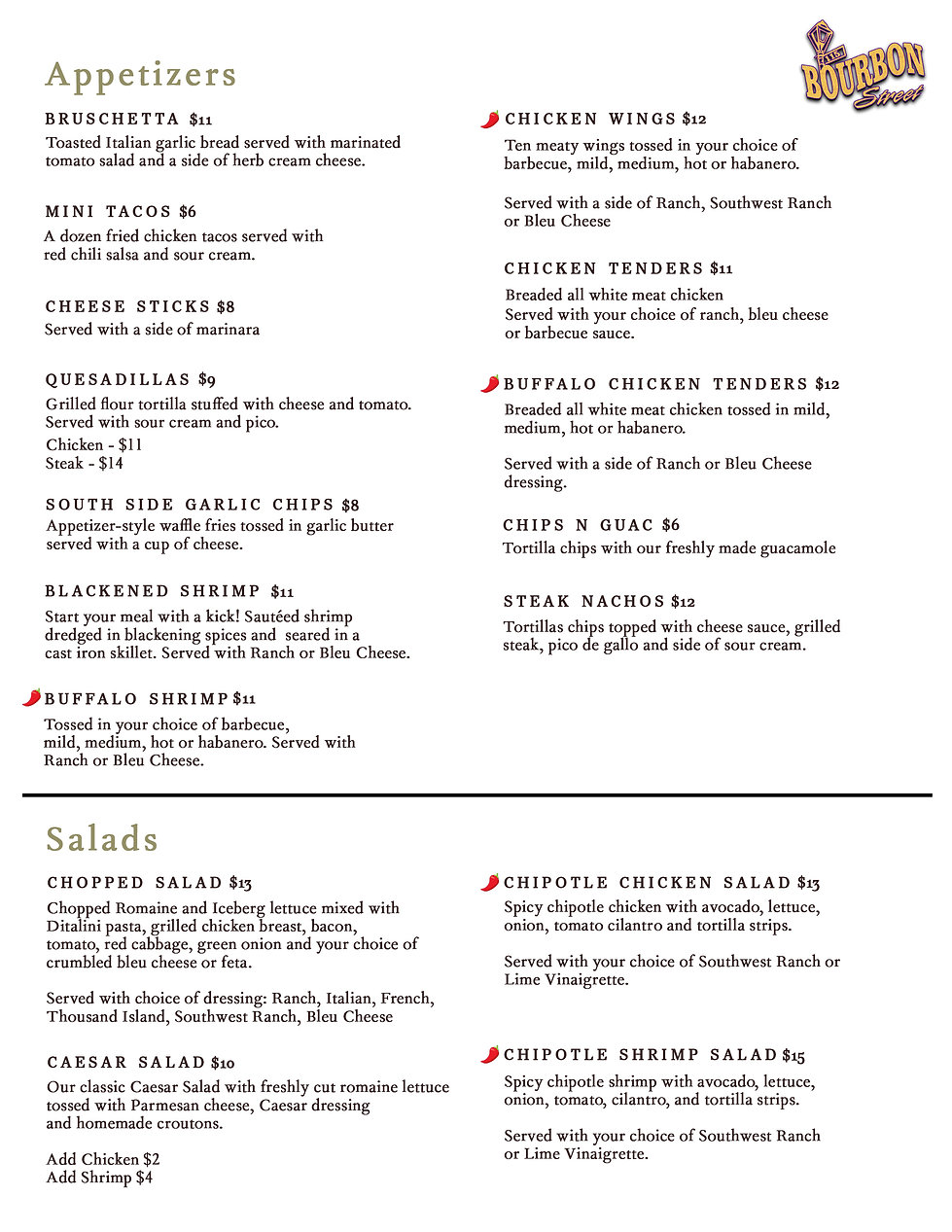 Bourbon Street's Lunch & Dinner Menu + Specials