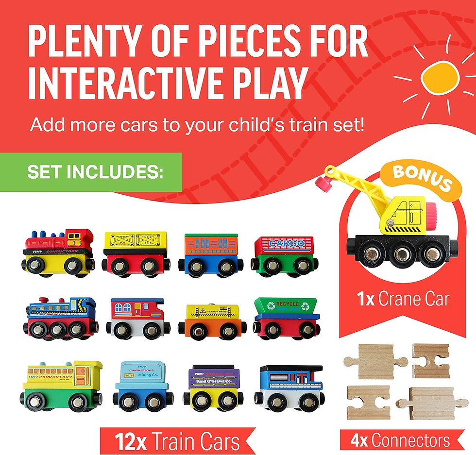 12 Wooden Train Cars, 1 Bonus Crane, 4 Connectors, Locomotive Tank ...