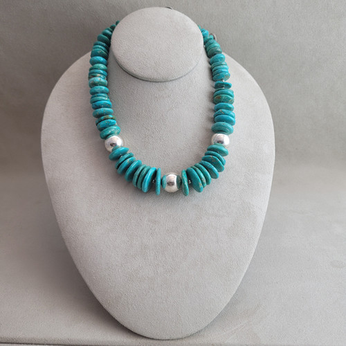 Handmade Kingman Turquoise Disc Necklace with Large Silver Bead Spacers ...