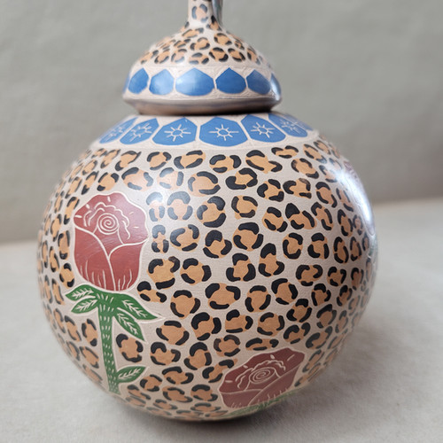 Medium Leopard / Rose Pattern Mata Ortiz Vase with Lid | True West Gallery