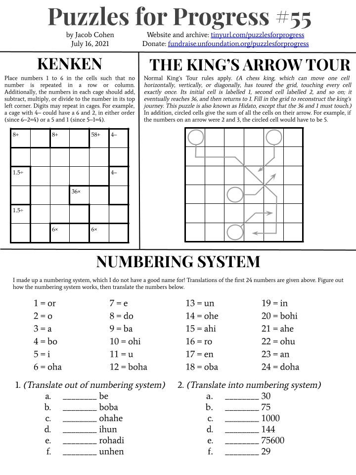 #55: KenKen; The King's Arrow Tour; Numbering System