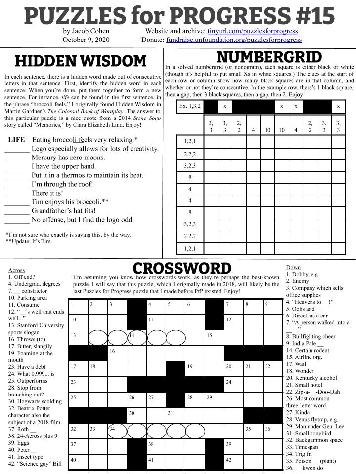 #15: Hidden Wisdom; Numbergrid; Crossword