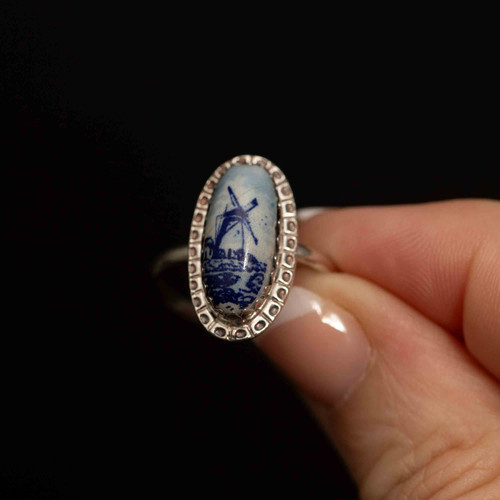 Vintage Silver Delft Blue Windmill Ring with Domed Pottery Center | My ...