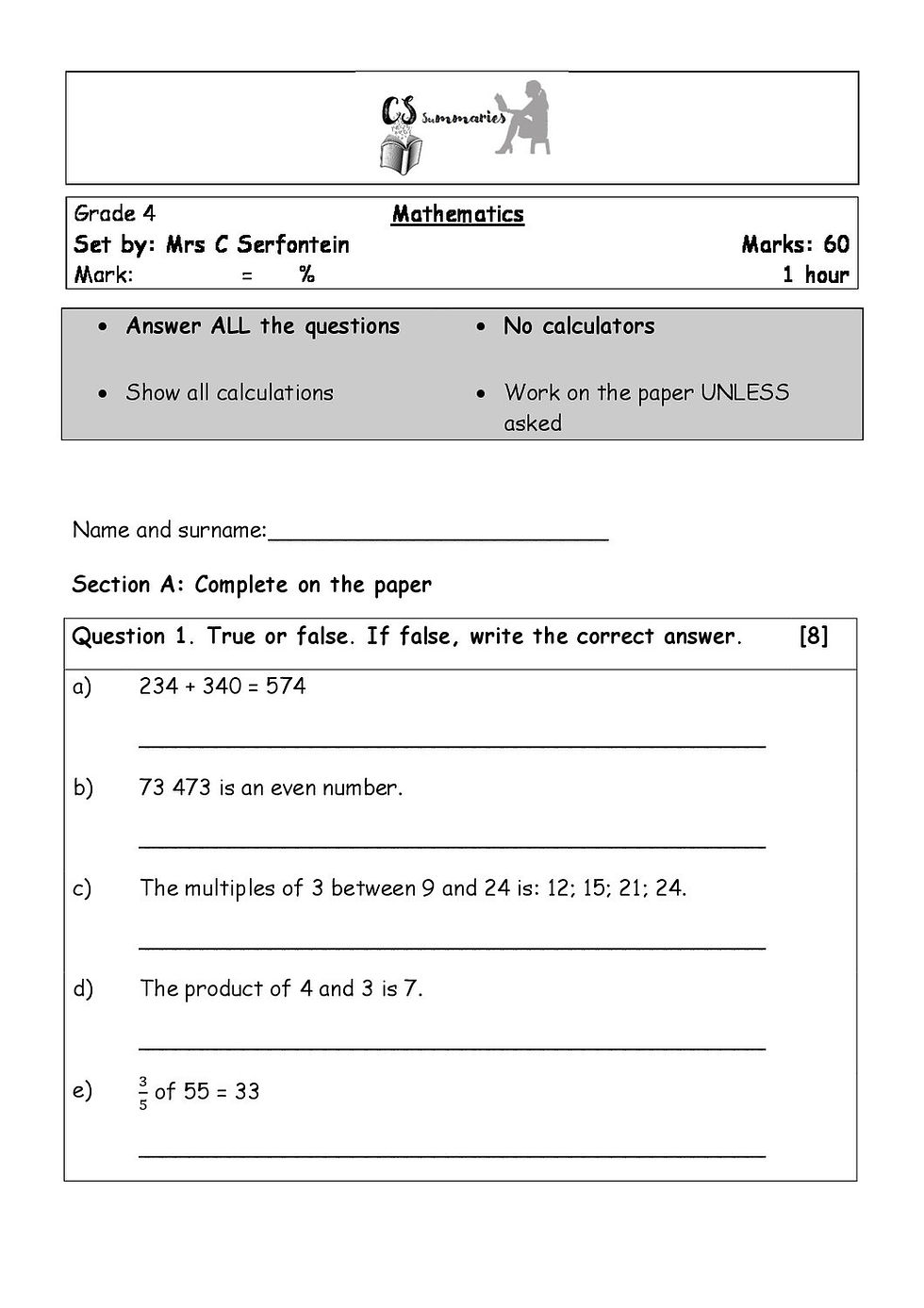 Gr4 Term 2 tests | Cs Summaries